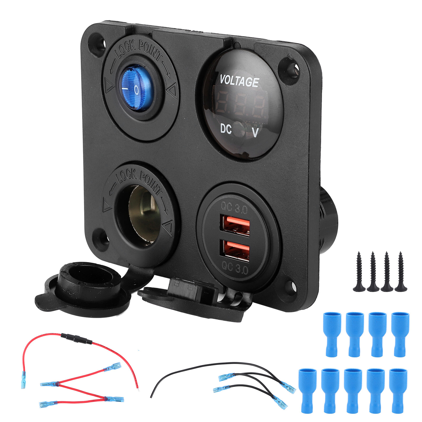Панель переключателей 12-24V, 4 отверстия, водонепроницаемая, с QC3.0 USB, вольтметром, для лодки, авто, RV, грузовика