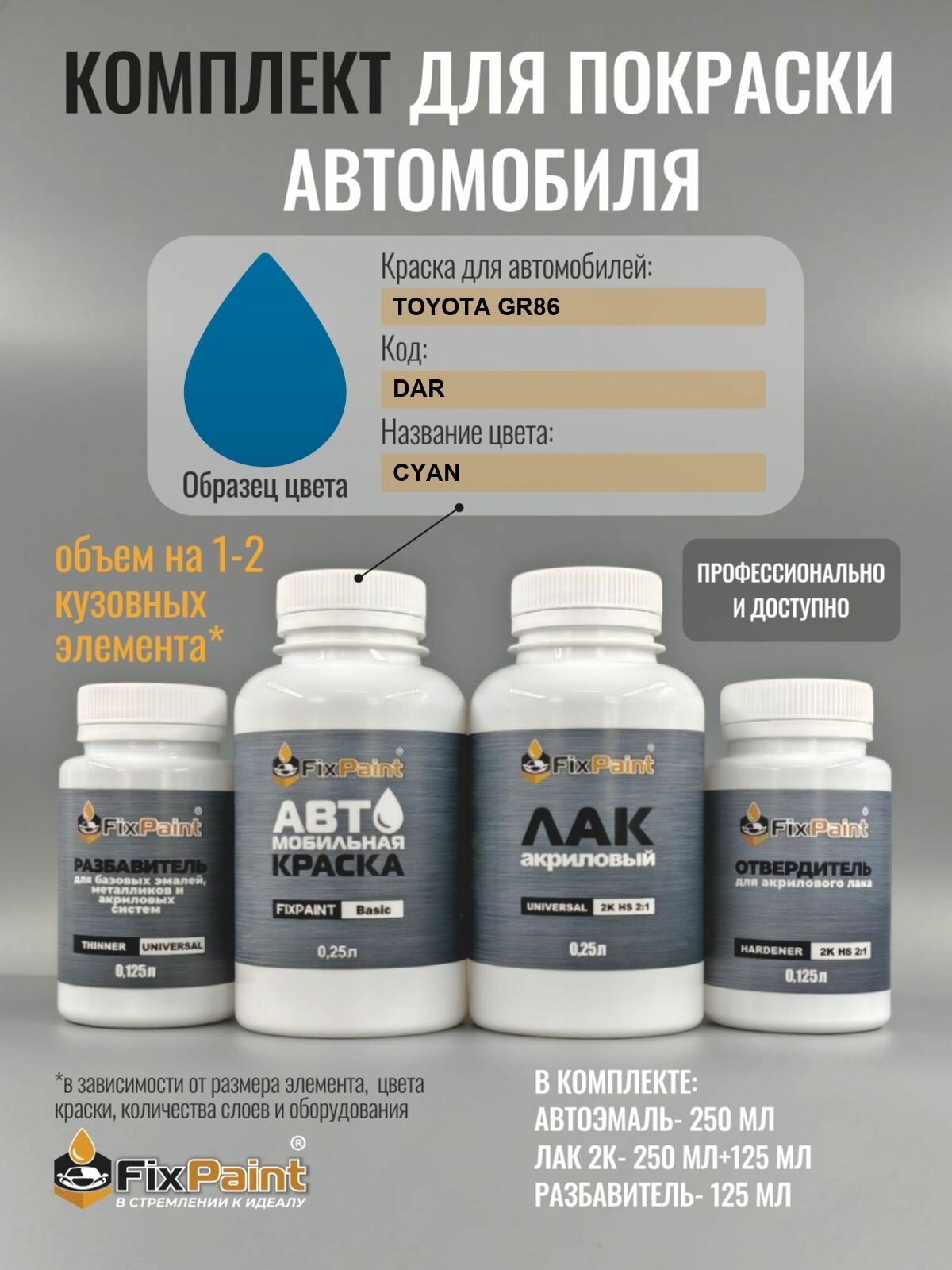 Комплект для покраски TOYOTA GR86, код DAR, CYAN, базовая автомобильная краска 250 мл, лак 2K 250 мл с отвердителем, разбавитель 125 мл, FixPaint Pro