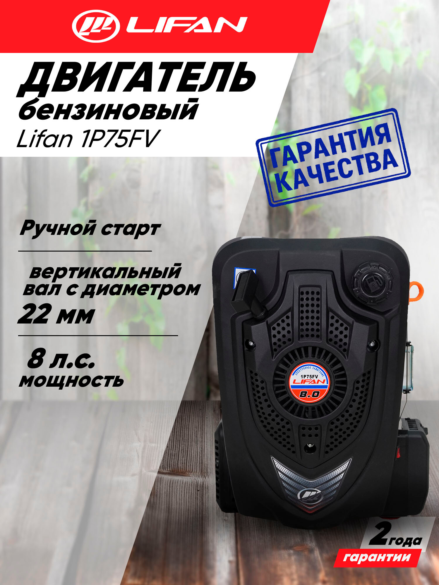 Двигатель бензиновый Lifan 1P75FV D22 (8л. с, 252куб. см, вал 22мм, ручной старт)