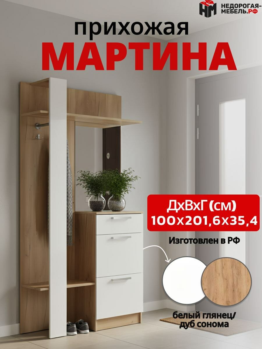 Прихожая с зеркалом Мартина, Дуб сонома/ Белый глянец, 100х35.4х201.6 см