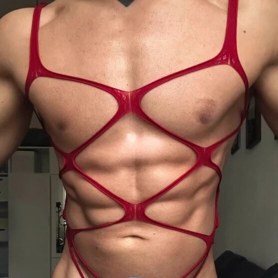 Мужское нижнее белье Muscle, боди из сетки, мужская пижама, мужской наряд для ночного клуба, черно-красный сексуальный комплект боди.