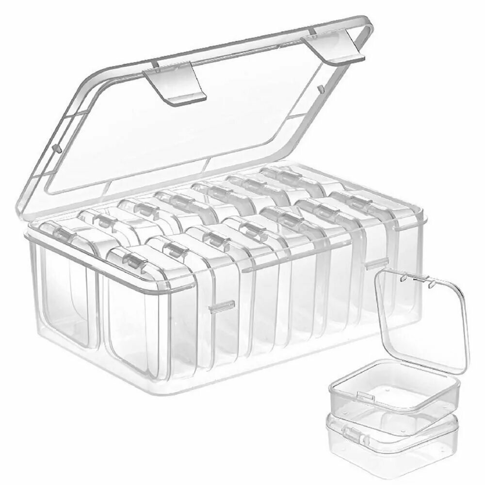 Контейнер органайзер пластиковый 12,7х16,5х6см для мелочей/бисера/снастей с 14 отдельными мини-контейнерами 5,4х5,4х2см с крышками