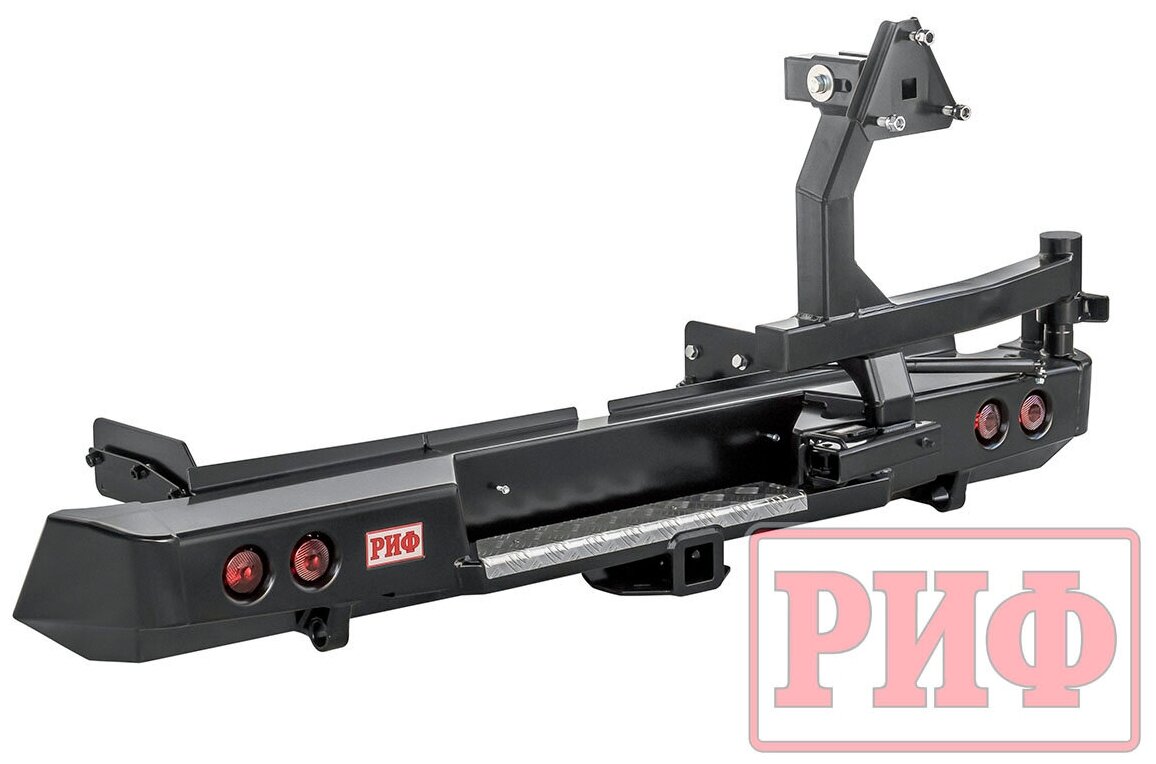 Бампер РИФ силовой задний Mitsubishi L200 2019+ с квадратом под фаркоп, калиткой, фонарями, подсветкой номера