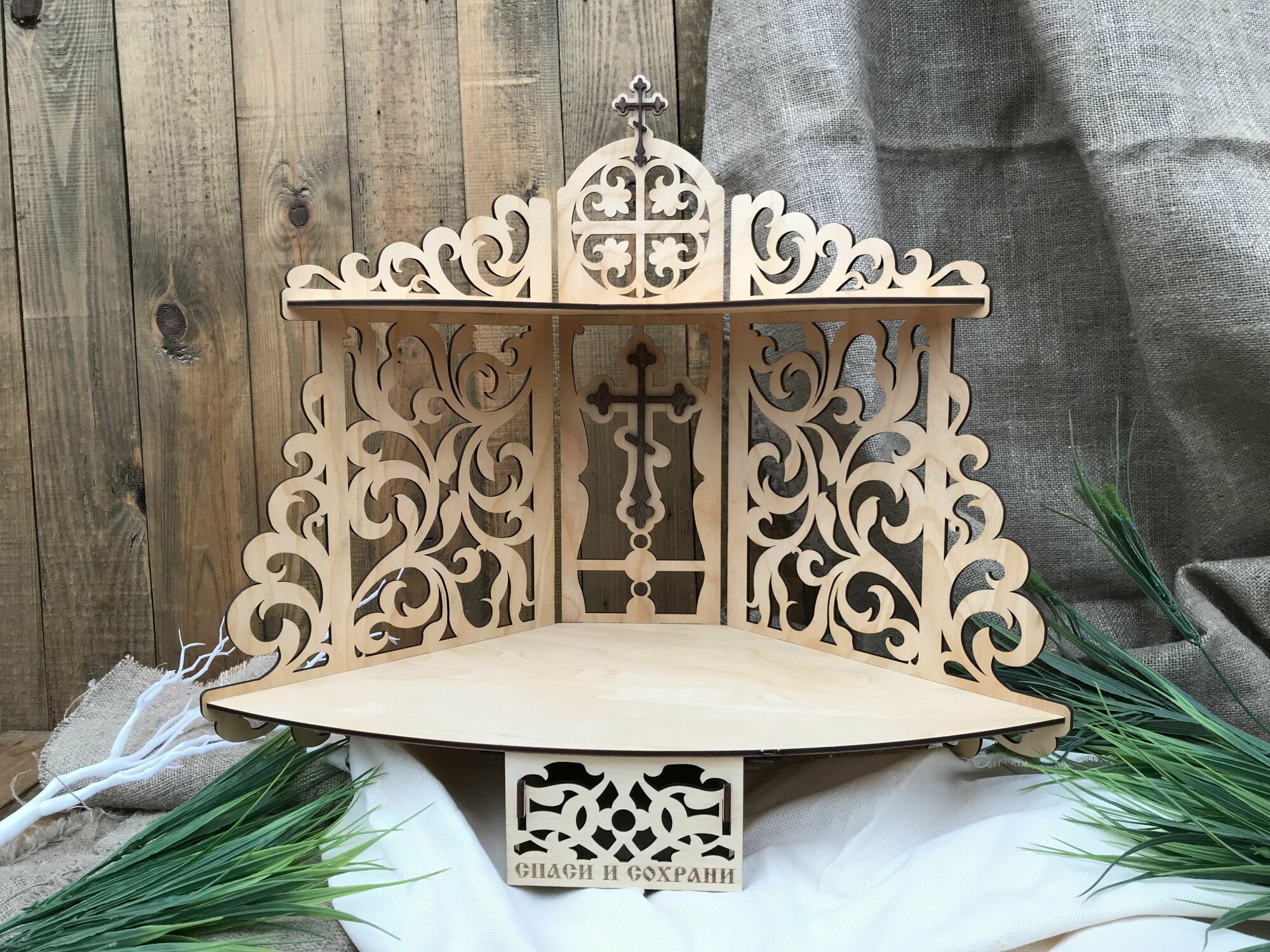 Угловая настенная полка для икон из дерева с полками и ящиком