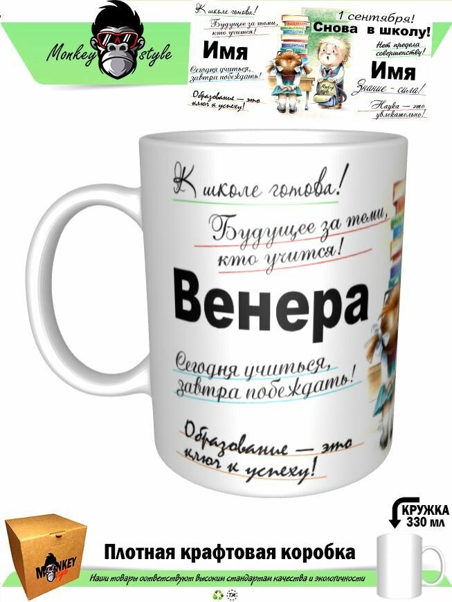 Кружка принтом «Венера. К школе готова!», 330 мл, белая кружка Премиум качества, авторский принт