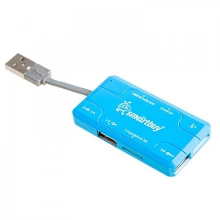 Картридер+Хаб Smartbuy 750, USB 2.0 3 порта SD/microSD/MS/M2 Combo, голубой (SBRH-750-B)