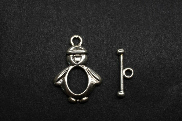 Замок тогл Пингвин 26х18х3мм/19х6х3мм, отверстие 2мм, цвет античное серебро, сплав металлов, 12-111, 1 комплект