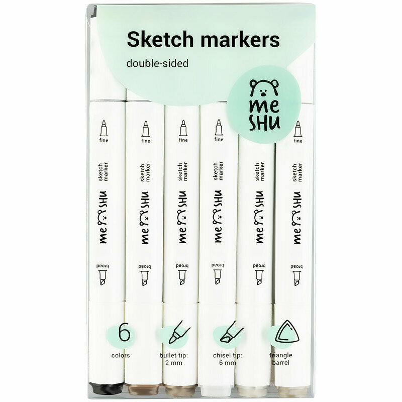 Набор двусторонних маркеров для скетчинга MESHU 06цв, теплые серые цвета, корпус трехгранный, пулевид./клиновид. наконечники, ПВХ-бокс, 314501