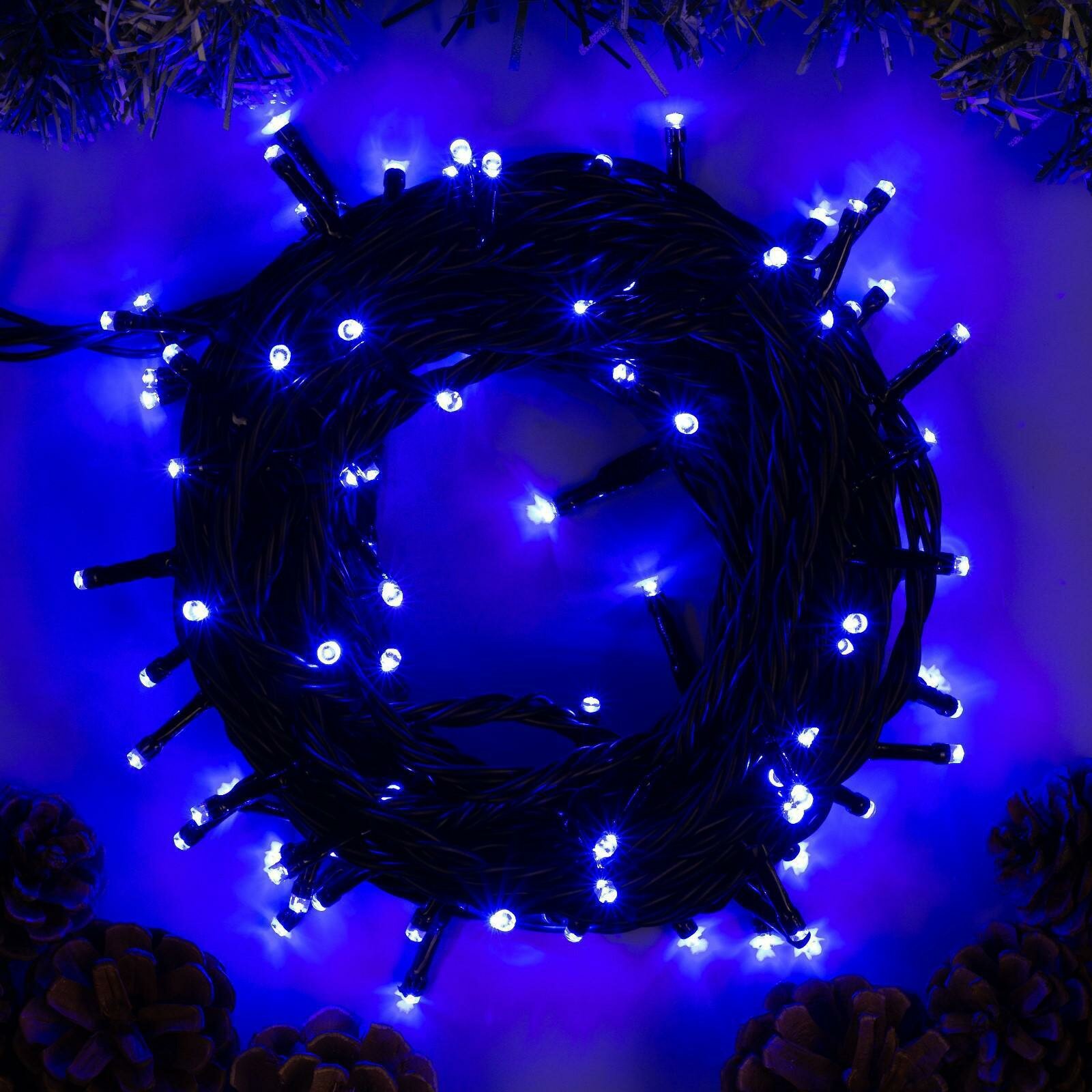 Гирлянда «Нить» 10 м, IP44, УМС, тёмная нить, 100 LED, свечение синее, 220 В, 187243