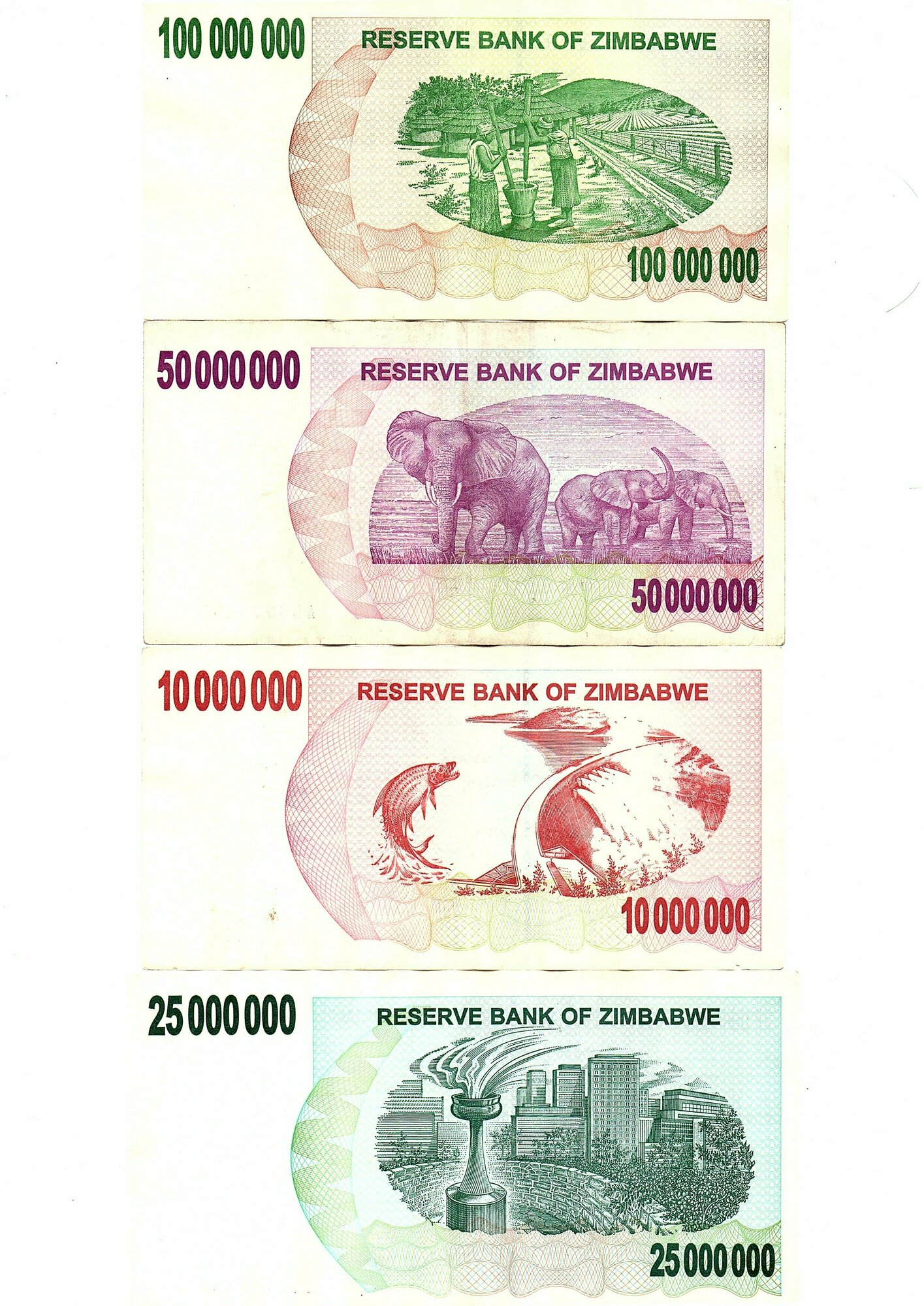 Доллары Зимбабве 2008 год 100000000 набор 8