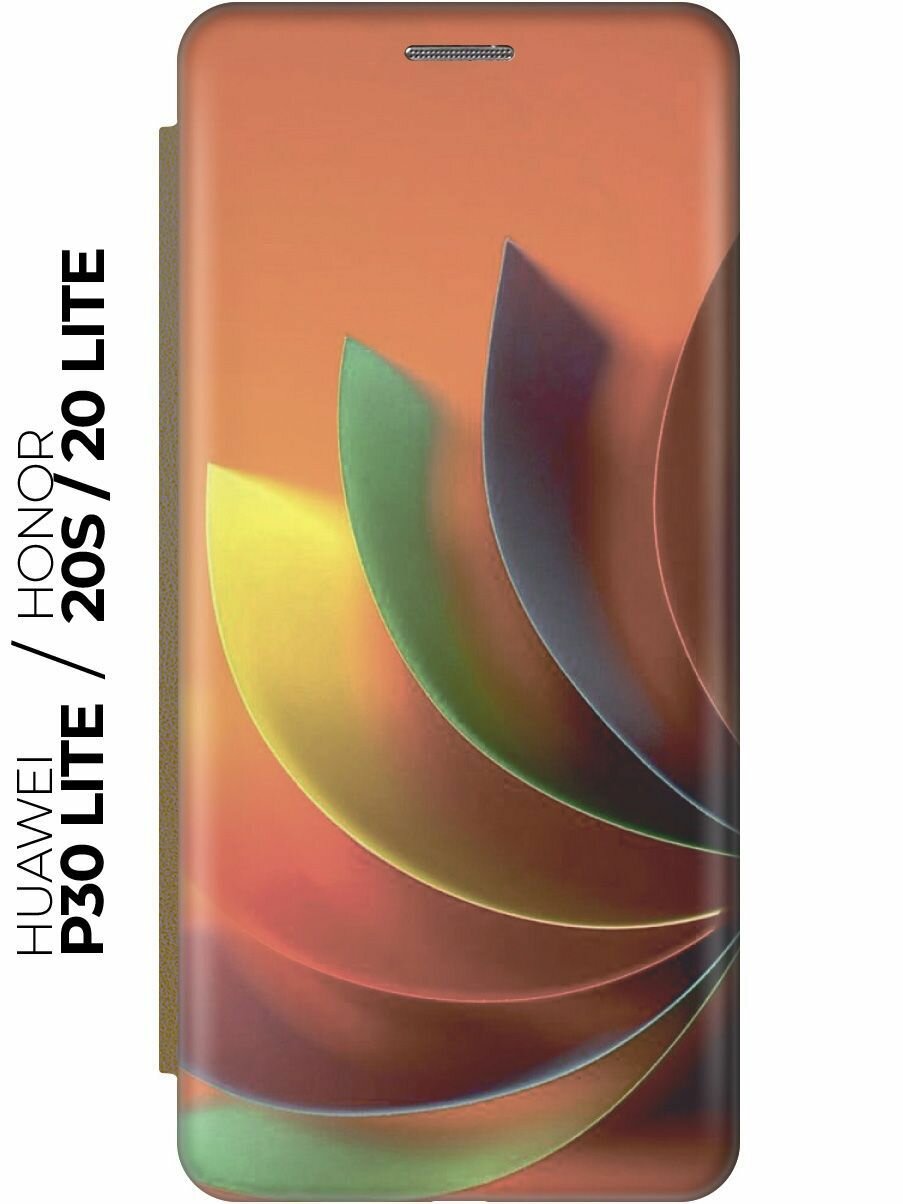 Чехол-книжка Листы на оранжевом на Honor 20 Lite / 20s / Huawei P30 Lite / Хуавей П30 Лайт / Хонор 20 Лайт / 20s золотой