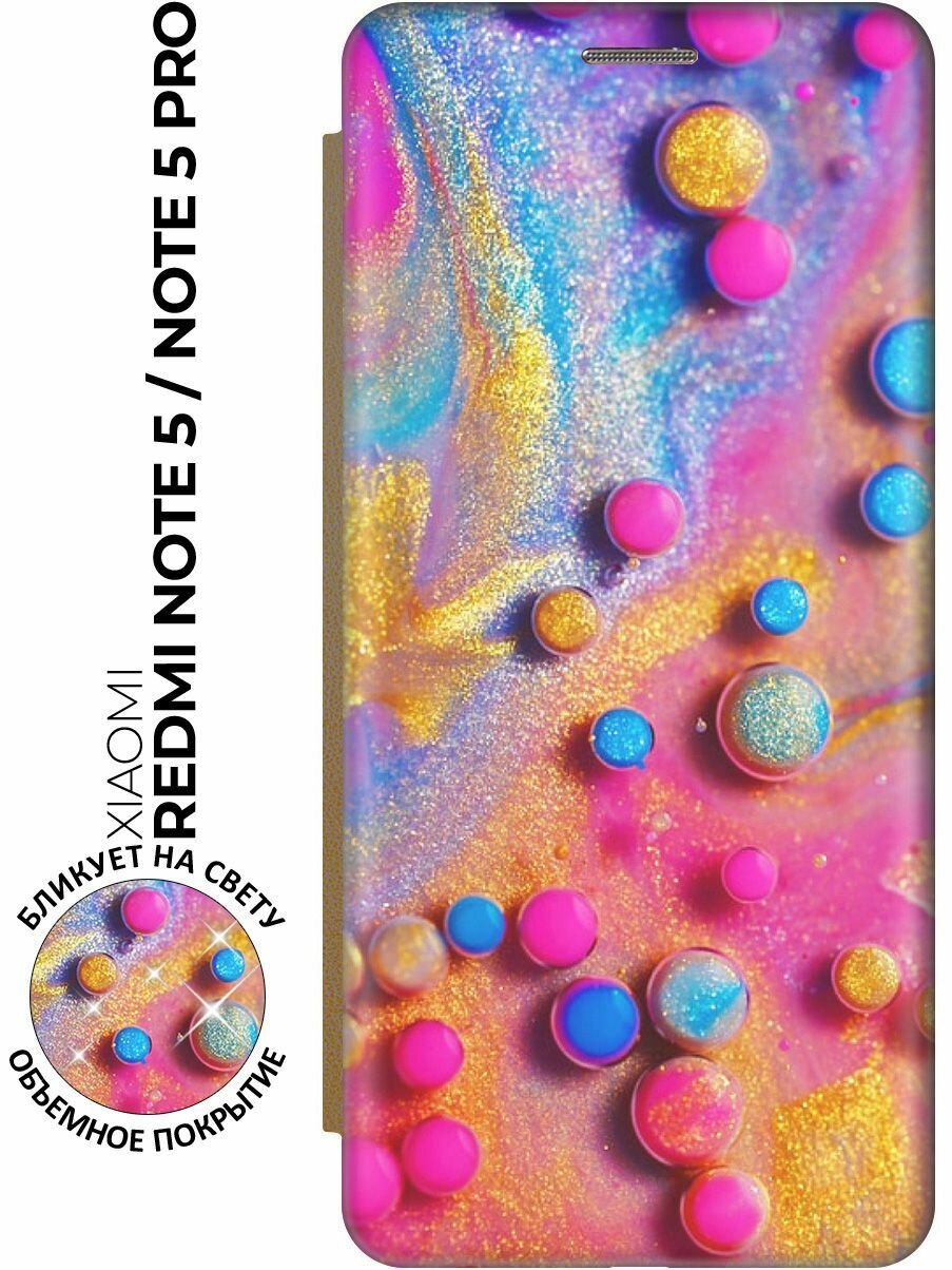 Чехол-книжка Разноцветные капли красок на Xiaomi Redmi Note 5 / Note 5 Pro / Сяоми Редми Ноут 5 / Ноут 5 Про с эффектом блика золотой