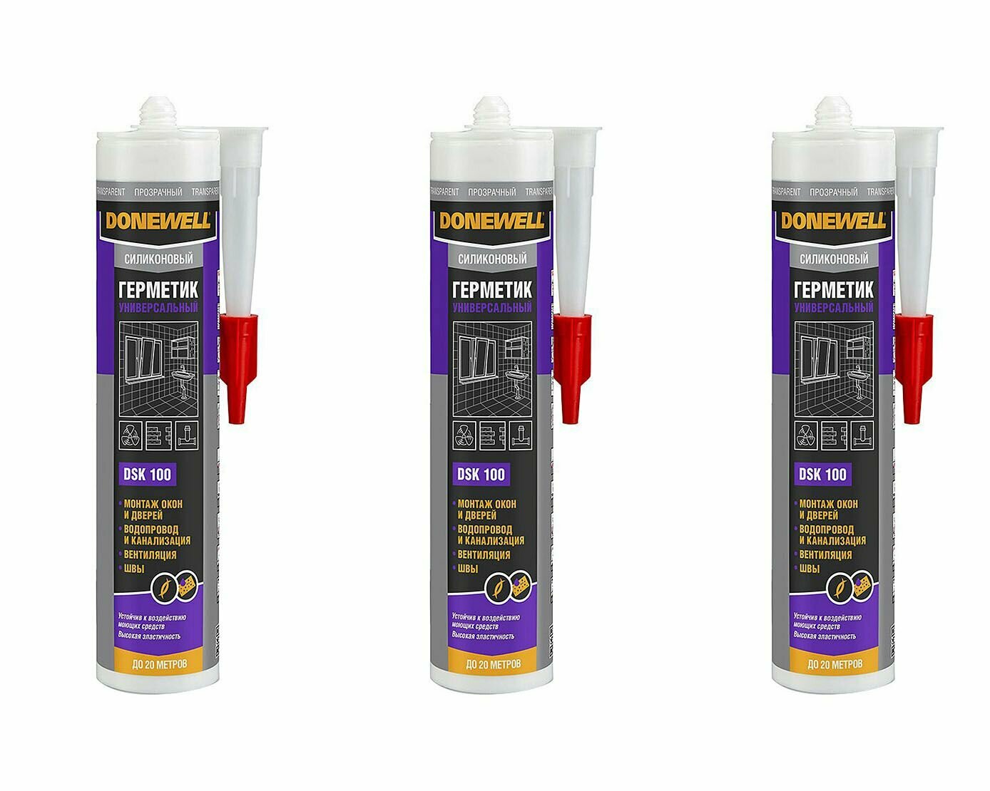 Герметик силиконовый универсальный DoneWell DSK-100 прозрачный 260 мл (3 шт.)