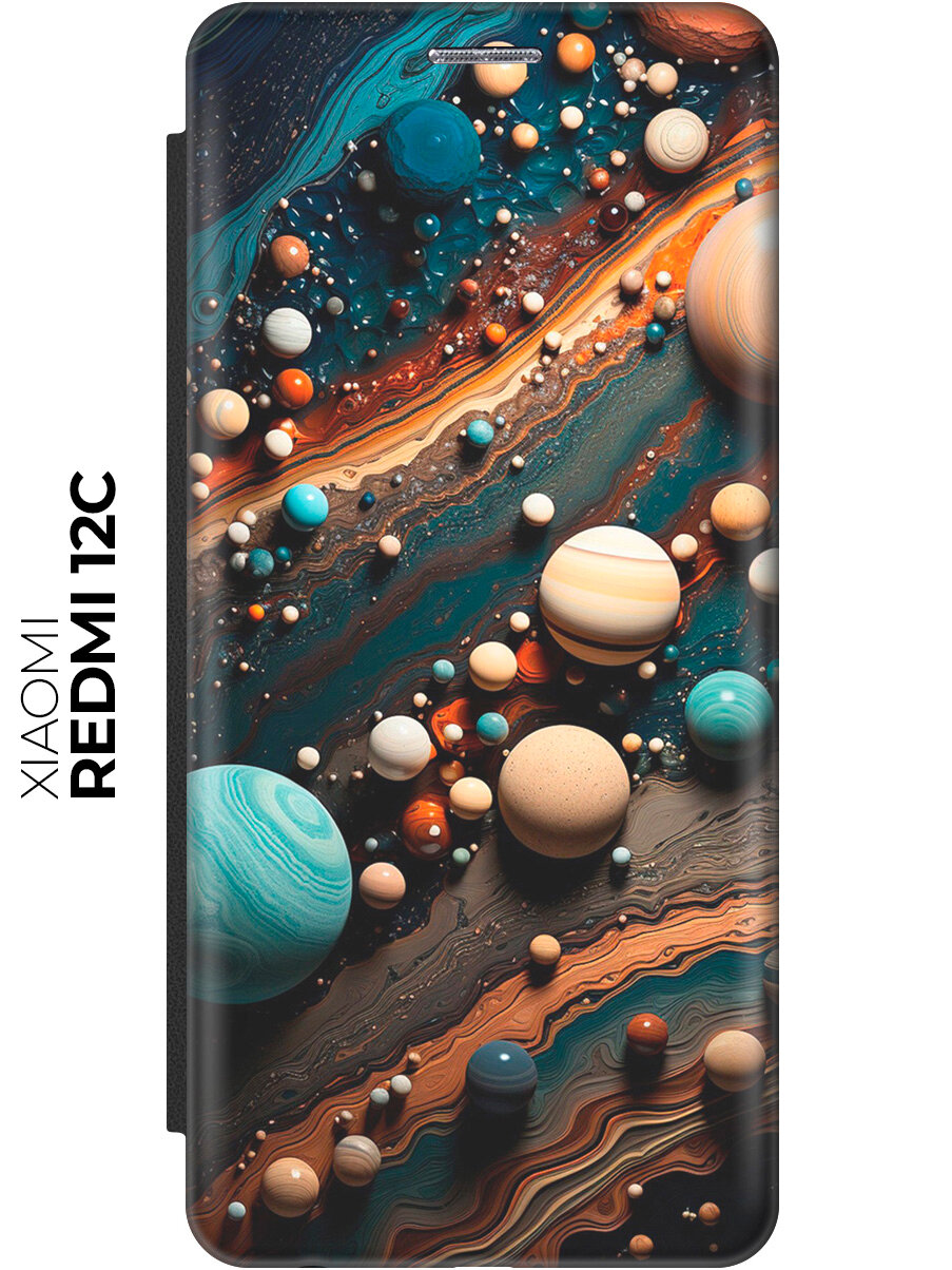 Чехол-книжка на Xiaomi Redmi 12C / Сяоми Редми 12С с рисунком "Шары на мраморном полу" черный
