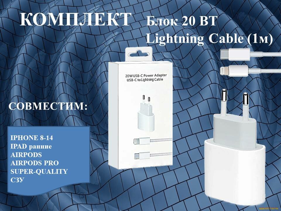 Комплект быстрой зарядки для iPhone 8/14 и Type-C с кабелем 1м.