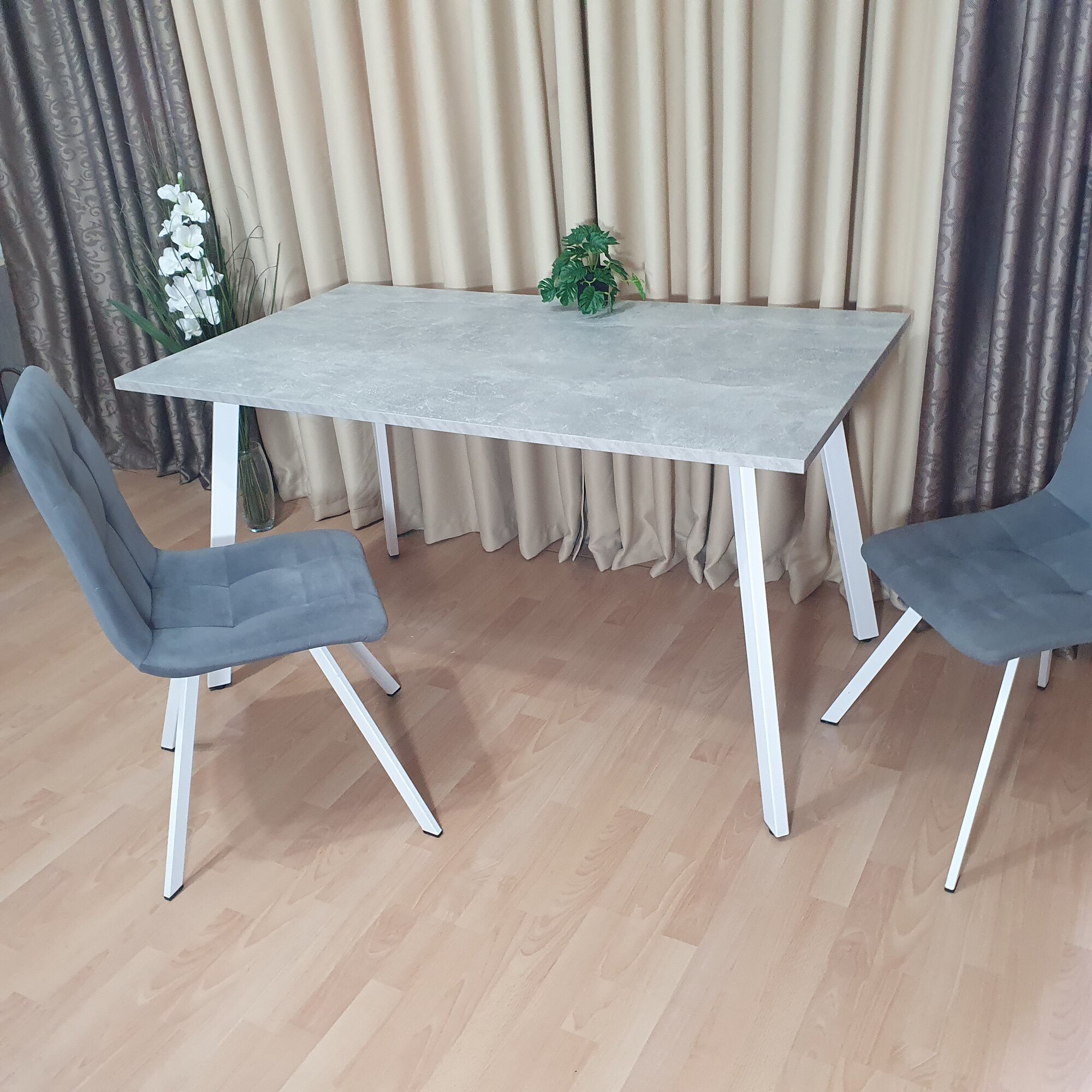 Кухонный стол Ник 140*80 см. Бетон светлый. Белые ножки