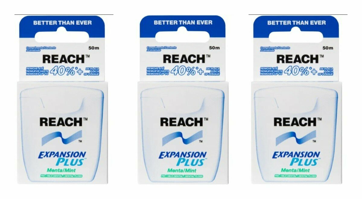 Зубная нить Reach, пропитанная воском, с мятным вкусом, 50 м, 3 шт