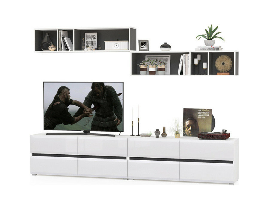 Гостиная мебель Моби Сидней Комплектация №2, 2 полки, 2 тумбы, белый глянец, 260 х 42 х 200 см