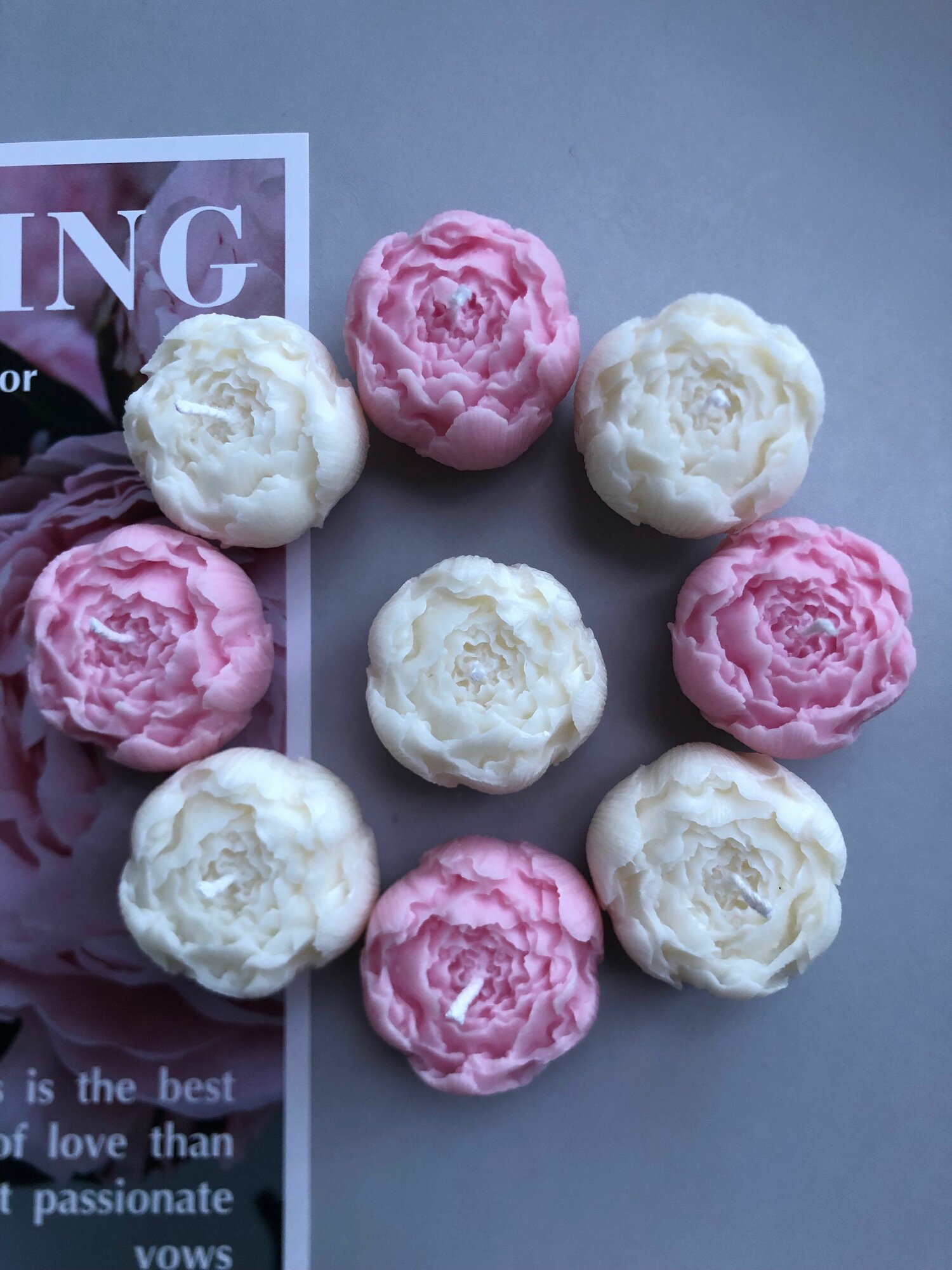 Набор интерьерных свечей в форме маленьких пионов "Зефирная симфония"/Уют и тепло в вашем доме