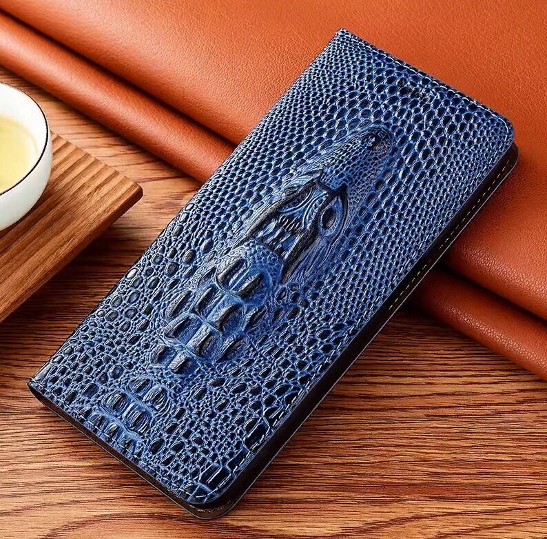 Чехол-книжка MyPads Premium для Xiaomi Redmi Note 12S из натуральной кожи с объёмным 3D рельефом головы кожи крокодила роскошный эксклюзивный синий.