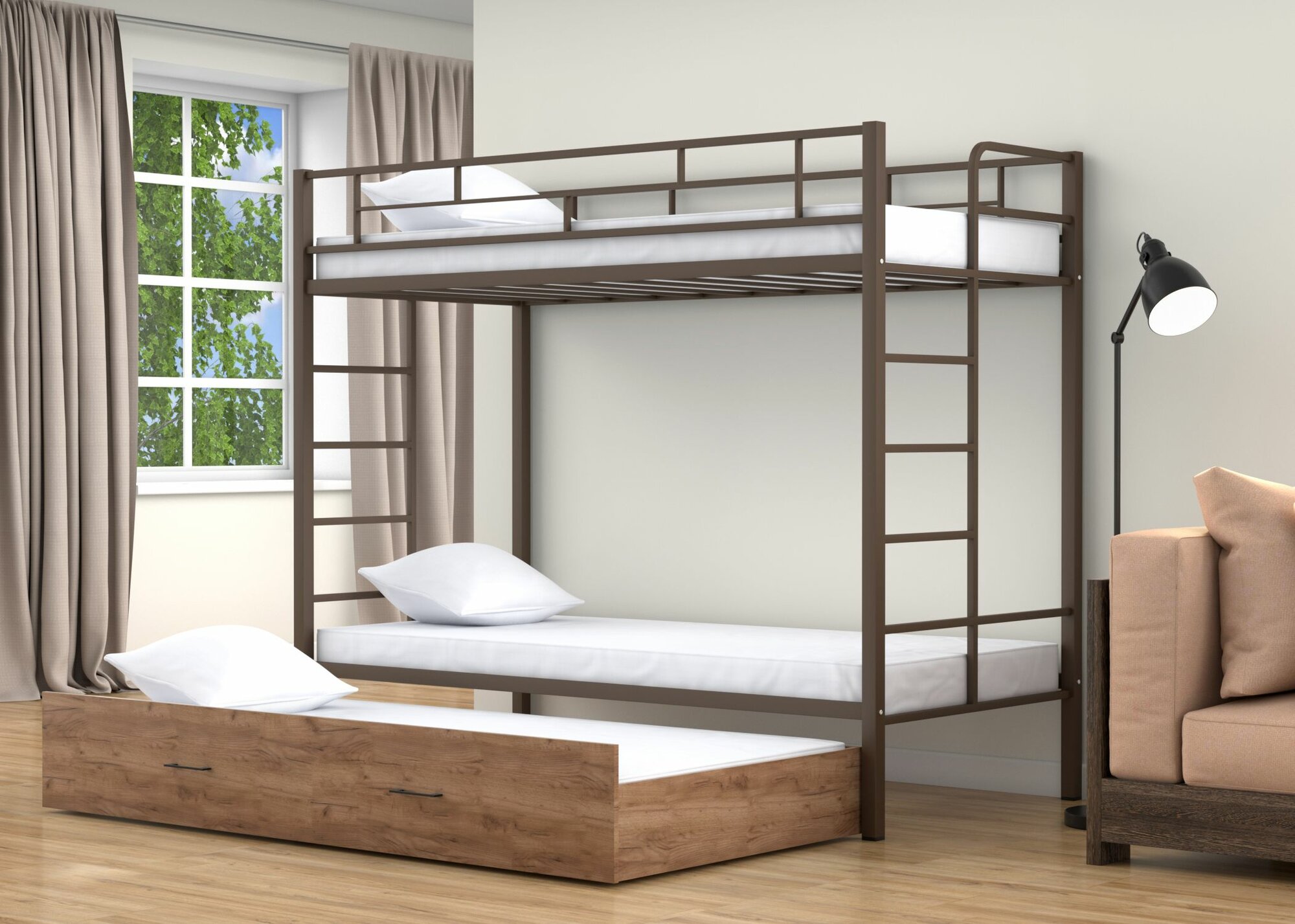 Двухъярусная кровать Валенсия Твист выкатная Коричневый/Дуб крафт табак