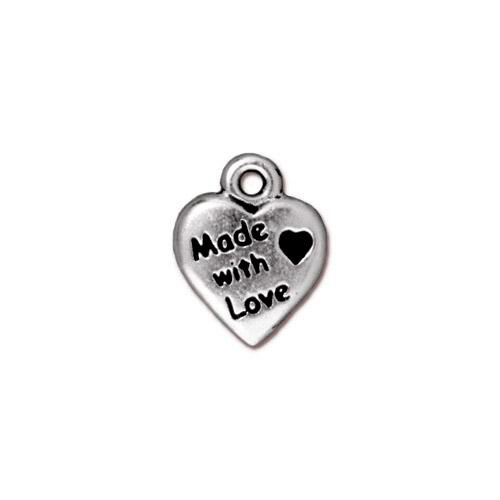 Подвеска, 13х10мм, TierraCast, сердце made with love, базовый материал - оловянный сплав, посеребренное с чернением, 1 шт.