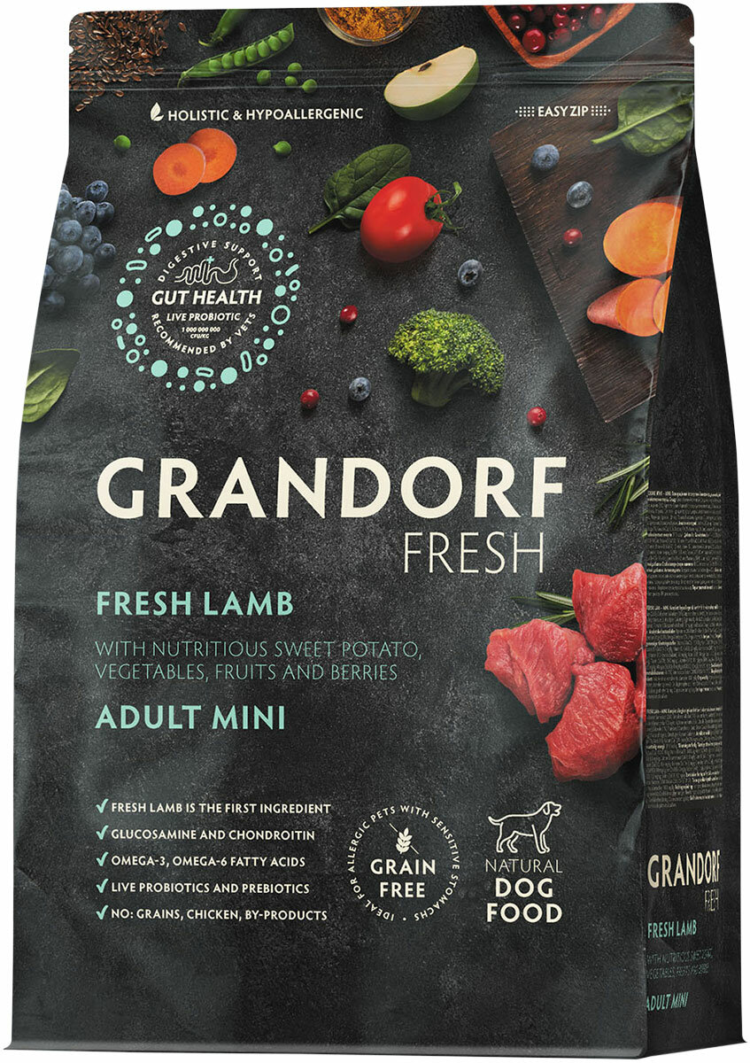 Сухой корм GRANDORF FRESH GRAIN FREE DOG ADULT MINI LAMB & SWEET POTATO, беззерновой, для взрослых собак маленьких пород, с ягненком и бататом, 3 кг