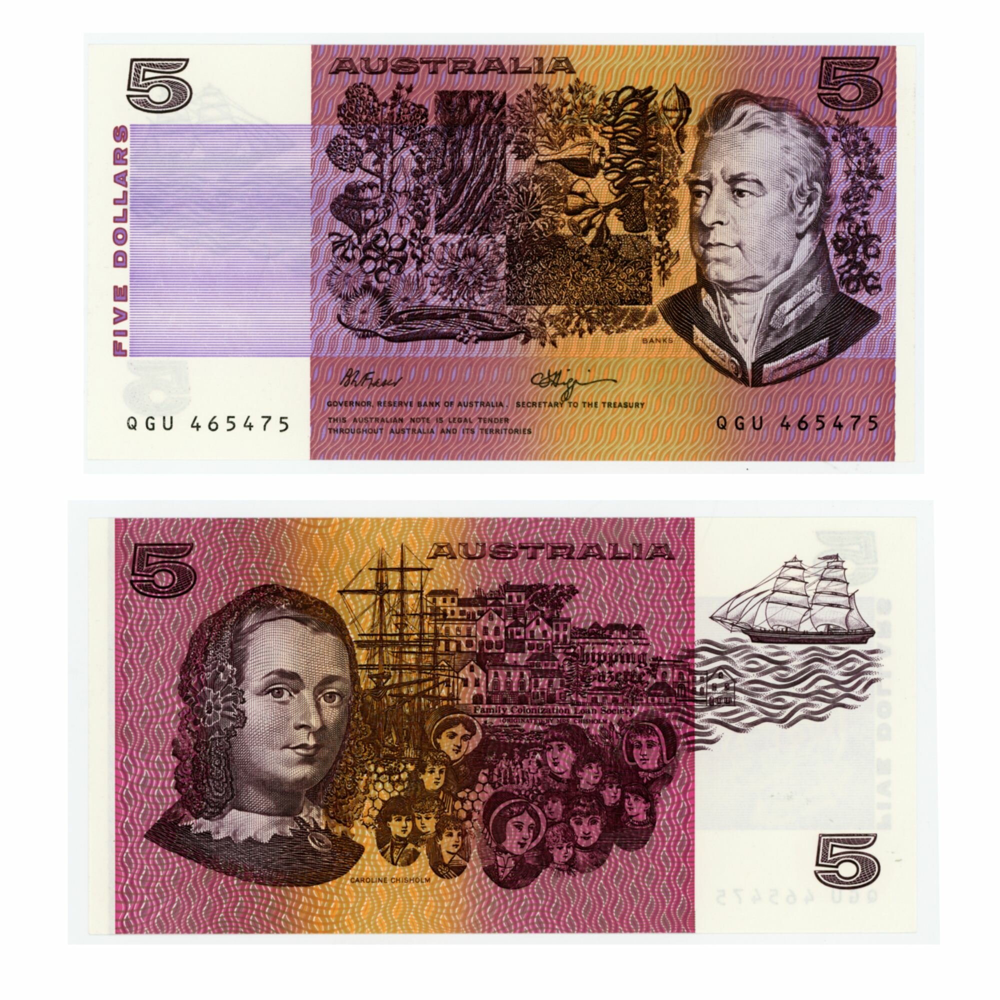 Банкнота Австралия 5 долларов FIVE POUNDS 1990 год Uncirculated (UNC) Pick 44