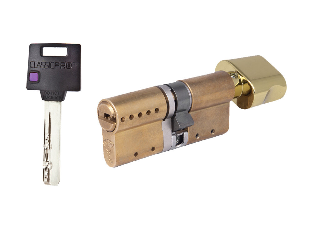 Цилиндр Mul-t-Lock Classic Pro ключ-вертушка 90мм (размер 55х35В мм) - Латунь, Флажок (5 ключей)
