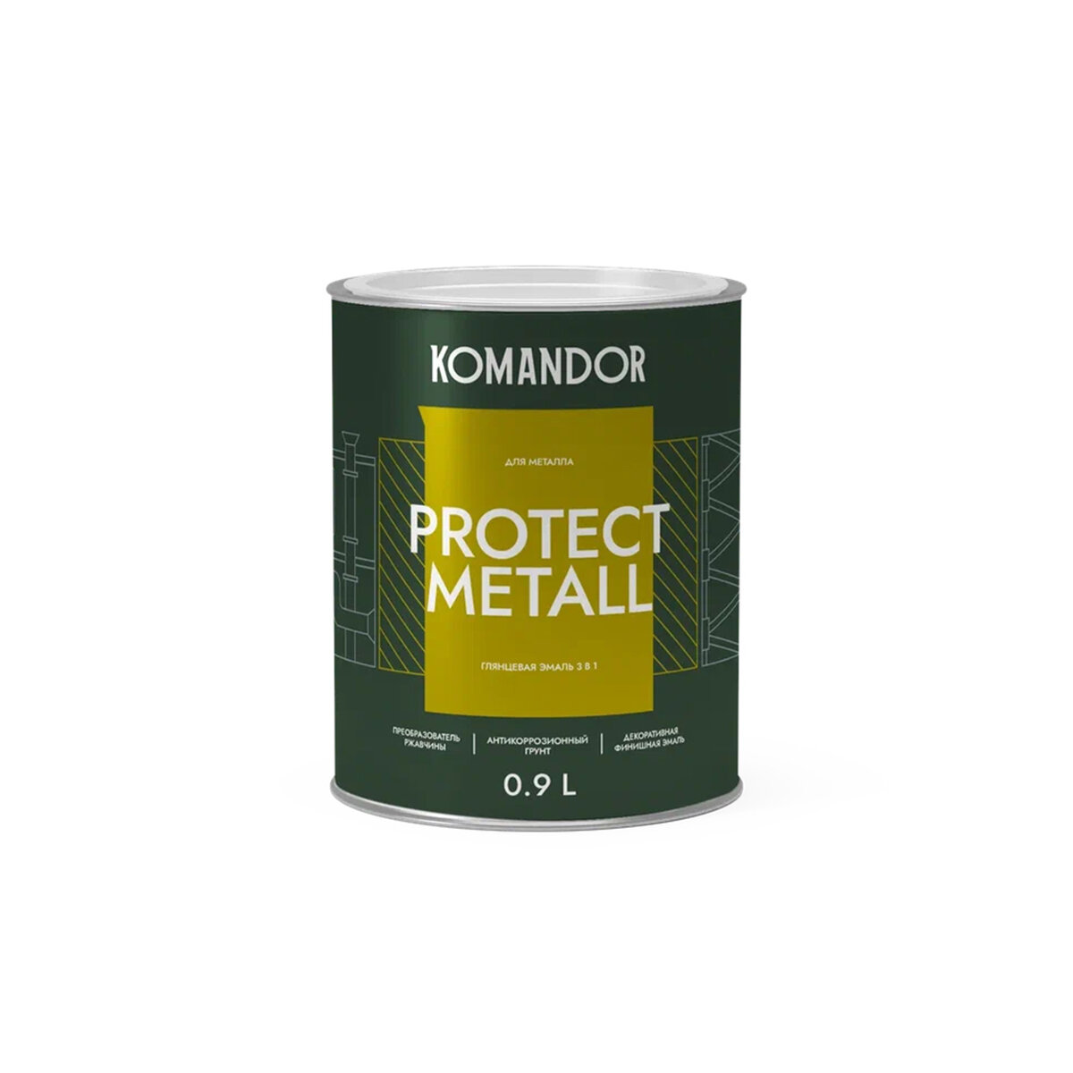 Грунт-эмаль Komandor Protect Metall, по ржавчине, 3в1, глянцевая, база С, 0.9 л