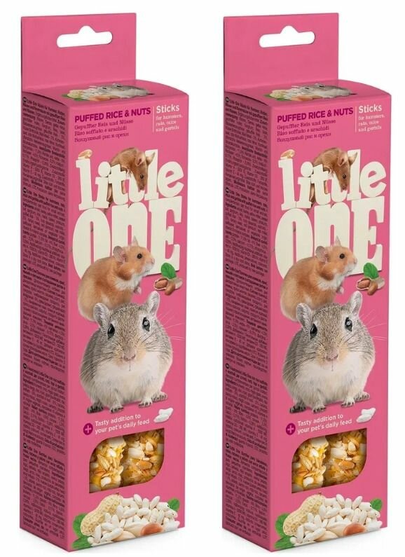 Little One Лакомство для хомяков, крыс, мышей и песчанок Палочки с воздушным рисом и орехами, 2 шт х 55 г, 2 уп