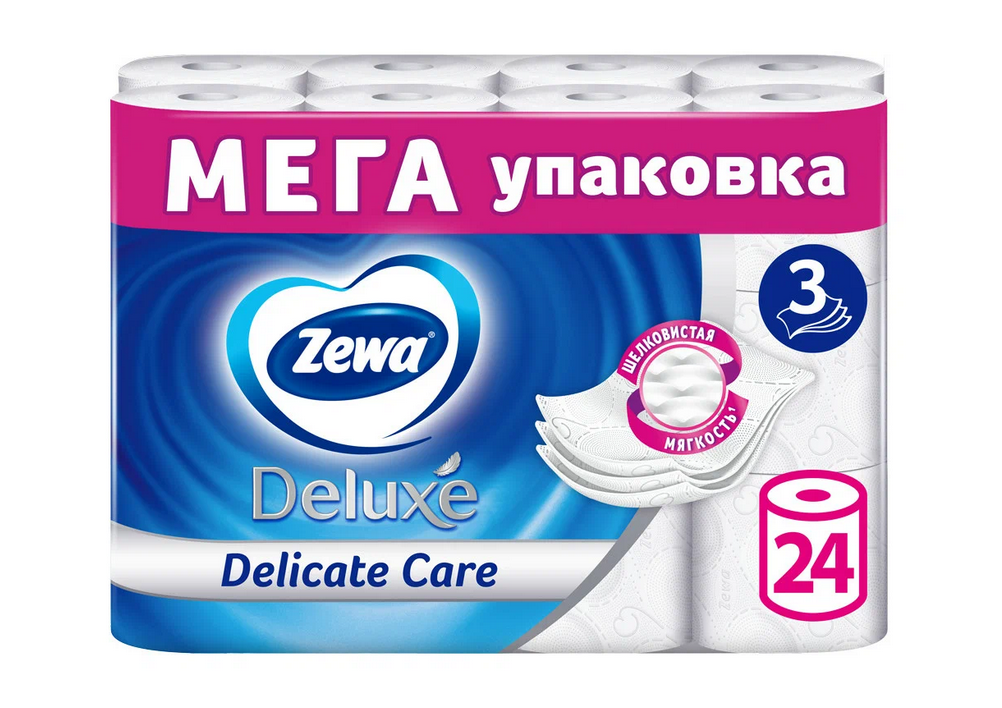 Туалетная бумага Zewa Deluxe, белая, 3-х слойная, без аромата, 24 рулона в упаковке