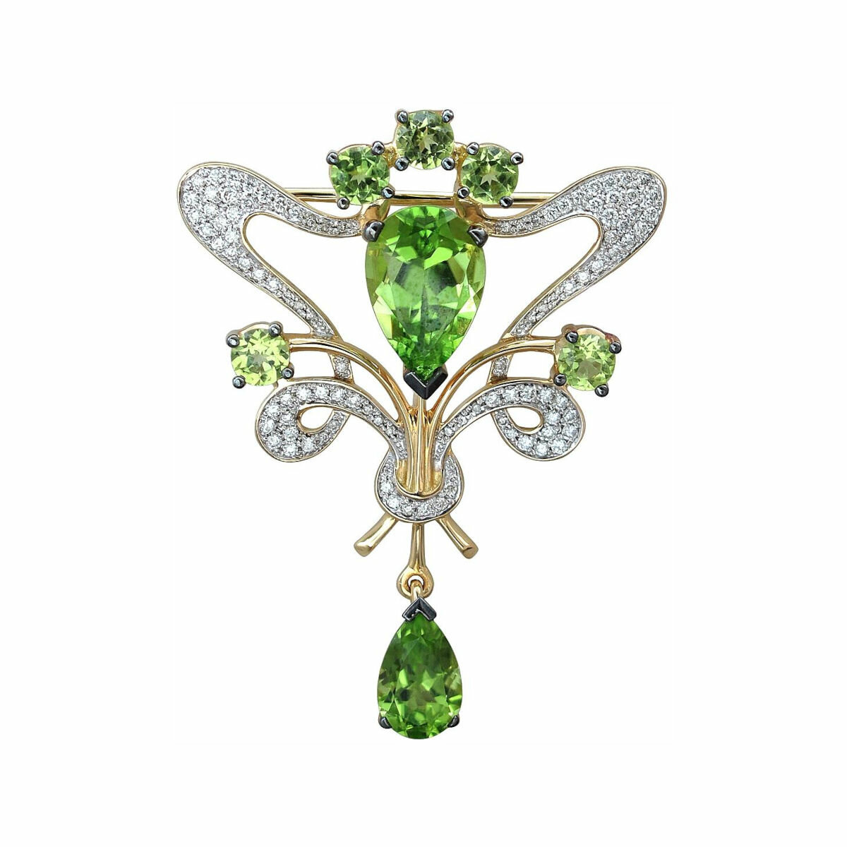 Брошь, желтое золото, 750 проба, бриллиант, хризолит