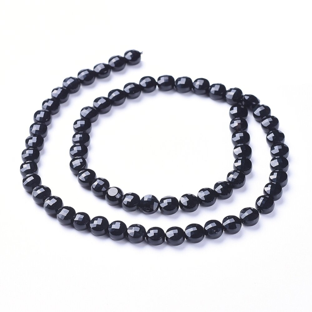 Бусины каменные, агат, черный, 6х5мм, подушечки граненые, 60 шт, низка