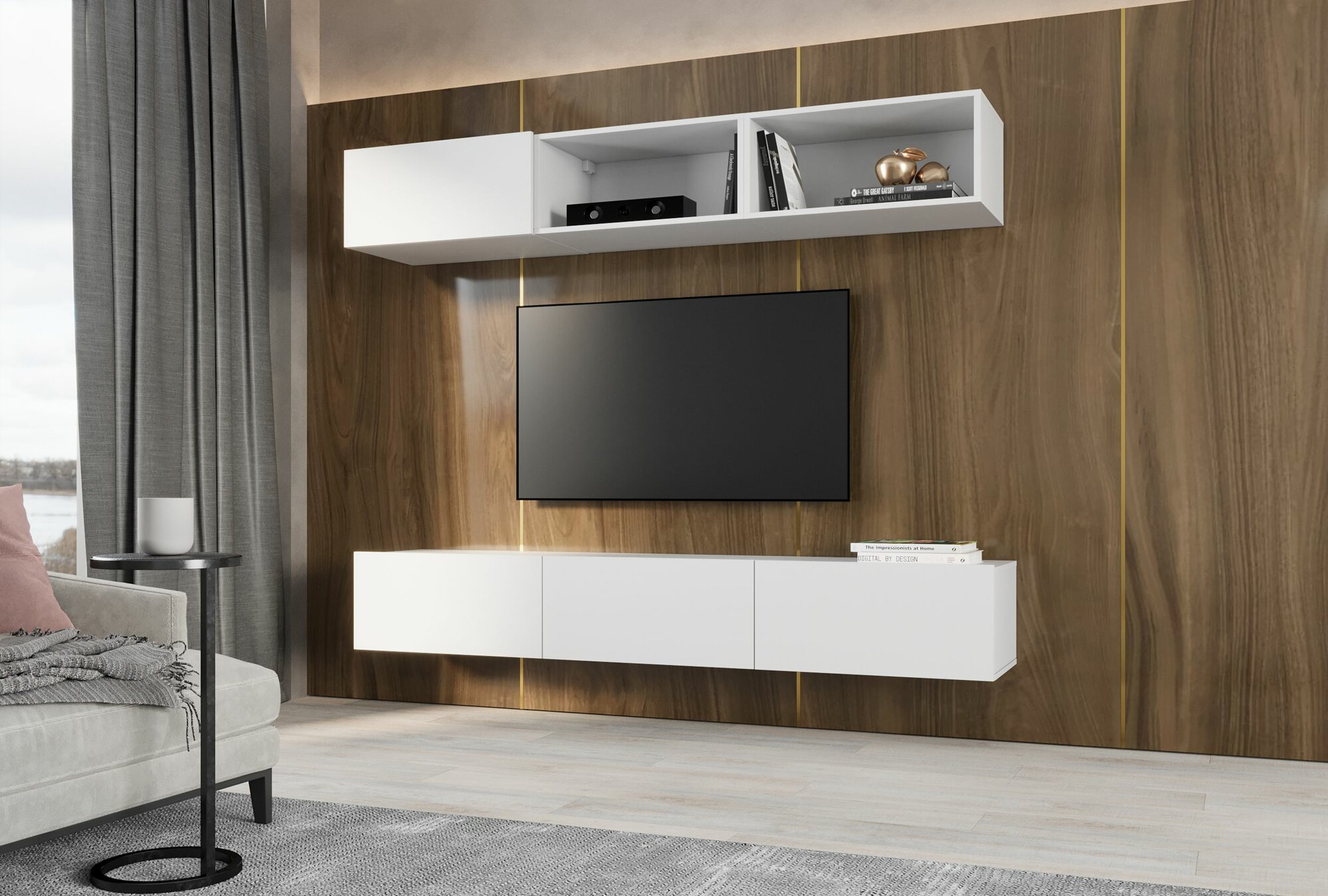 Гостиная, стенка мебель в гостиную НК-Мебель, ТВ тумба PLANO 7 , Белый Матовый, 180х145х36.6 см (ШхВхГ)