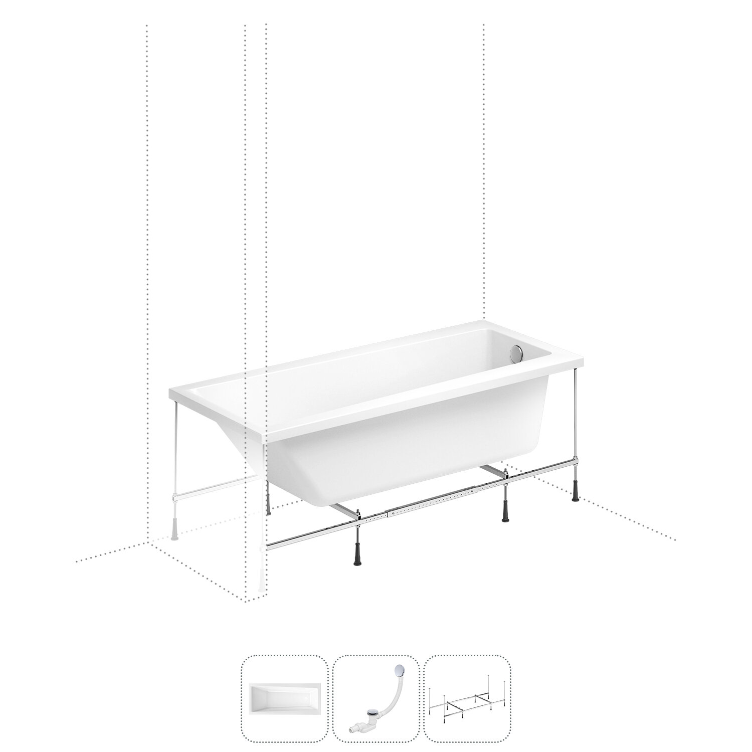 Акриловая ванна 160x75 с каркасом Lavinia Boho Rock 202010937 в наборе 3 в 1: прямоугольная ванна 160 x 75 см, слив-перелив, каркас