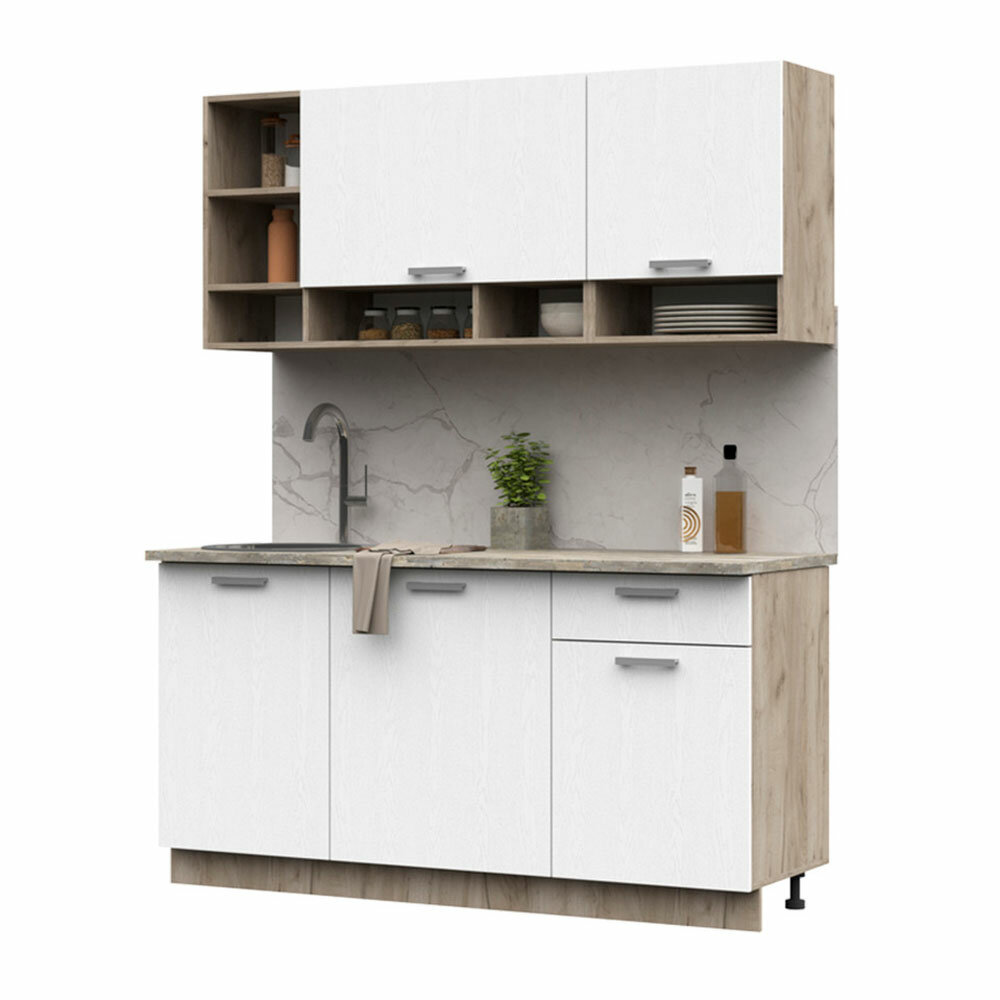 Прямая кухня Рица 1,6 (1600х842х600) дуб крафт серый/белый текстура