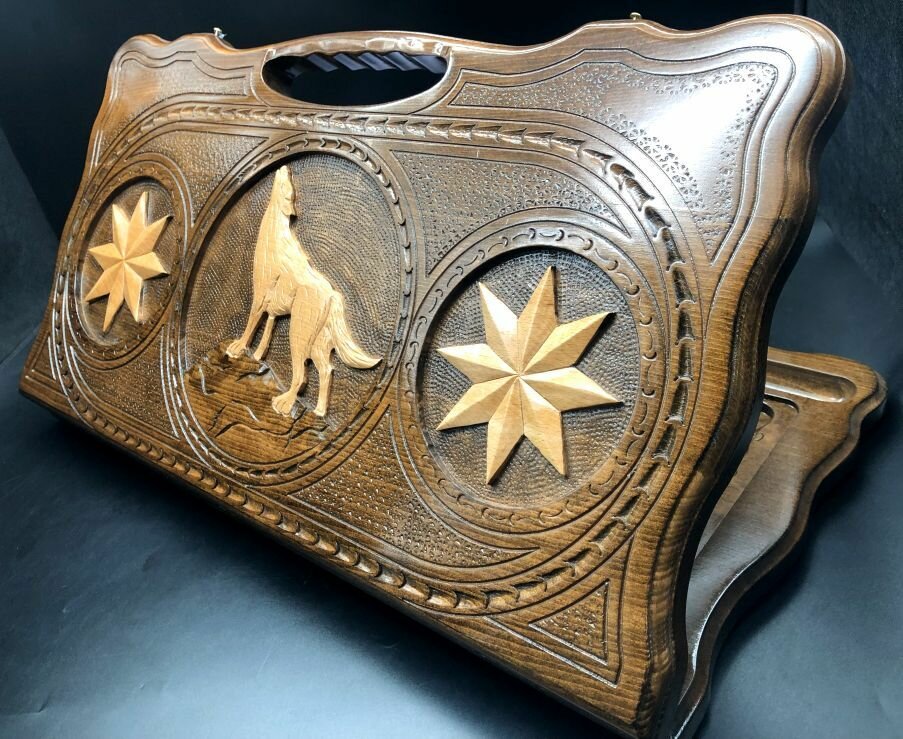 Нарды Резные "Белый Волк" с ручкой, большие 60см