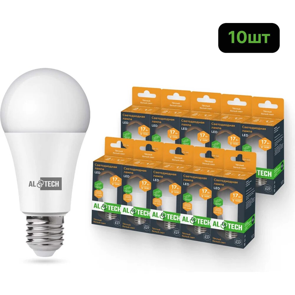 Лампочка светодиодная ALTECH LED Р60-17W-830-E27 17Вт груша теплый белый свет 10шт 4673758071422