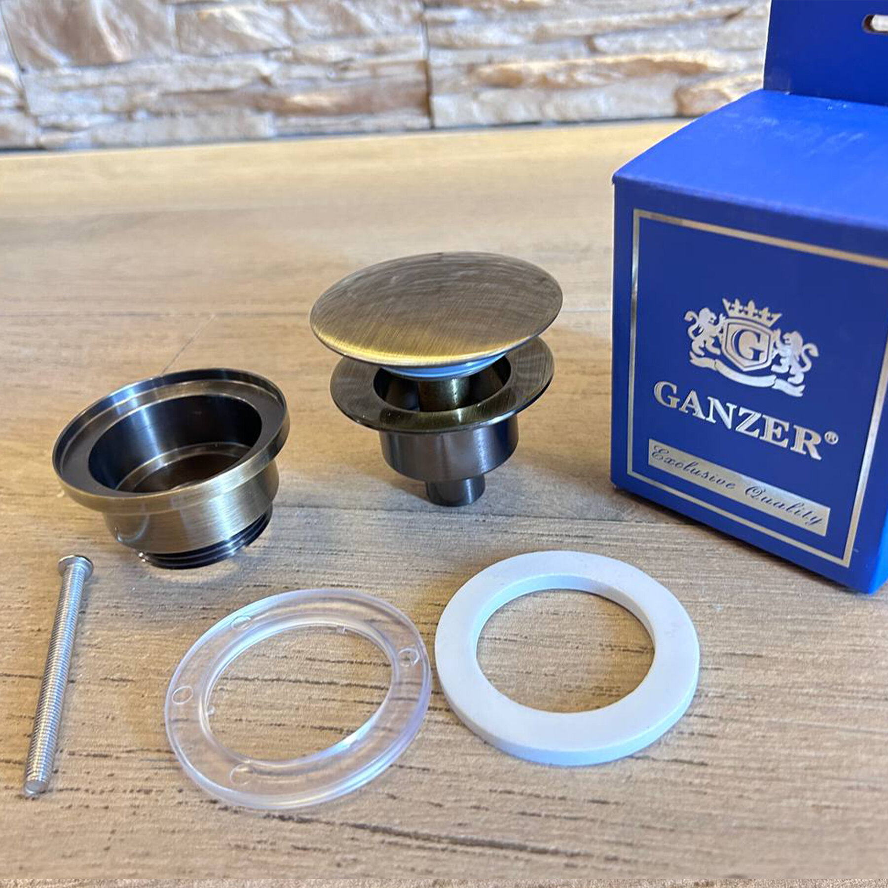 Донный клапан из латуни Ganzer F-09D для раковины с переливом и выпуском, цвет бронза