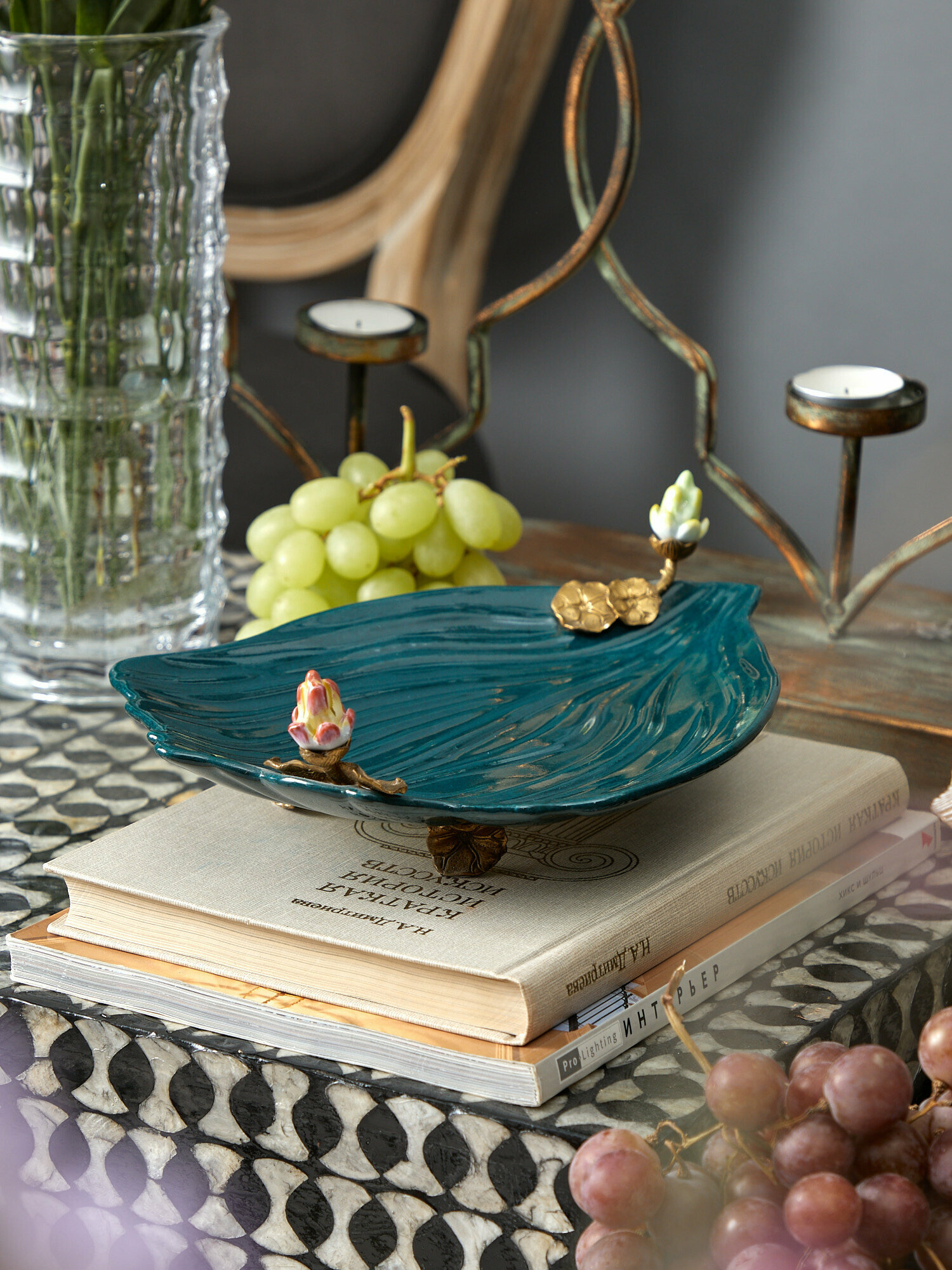 Блюдо Glasar HC950HM/U147, фарфор, бронза, декоративное, цвет зеленый