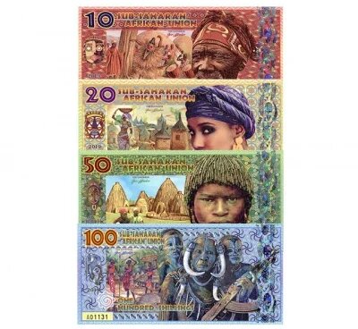 Набор 10-100 шиллингов 2019 SUB SAHARIAN AFRICAN, 4 сувенирные копии, банкноты и купюры редкие коллекционные