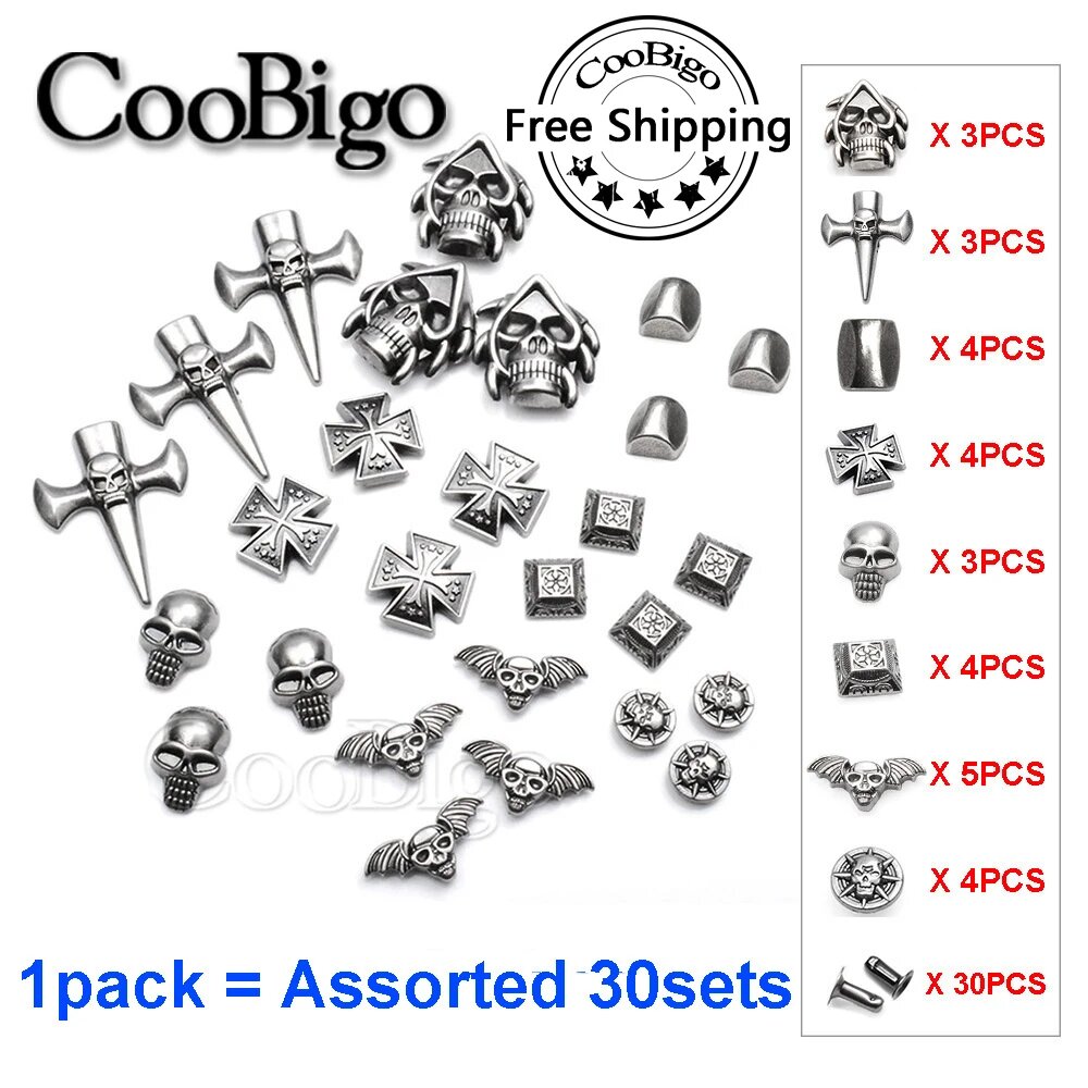 Металлический череп, крест, шипы, панк-рок, шпильки, заклепки, браслет, кожаная одежда, обувь, сумки, декор для ремня, аксессуары «сделай сам», 30 комплектов
