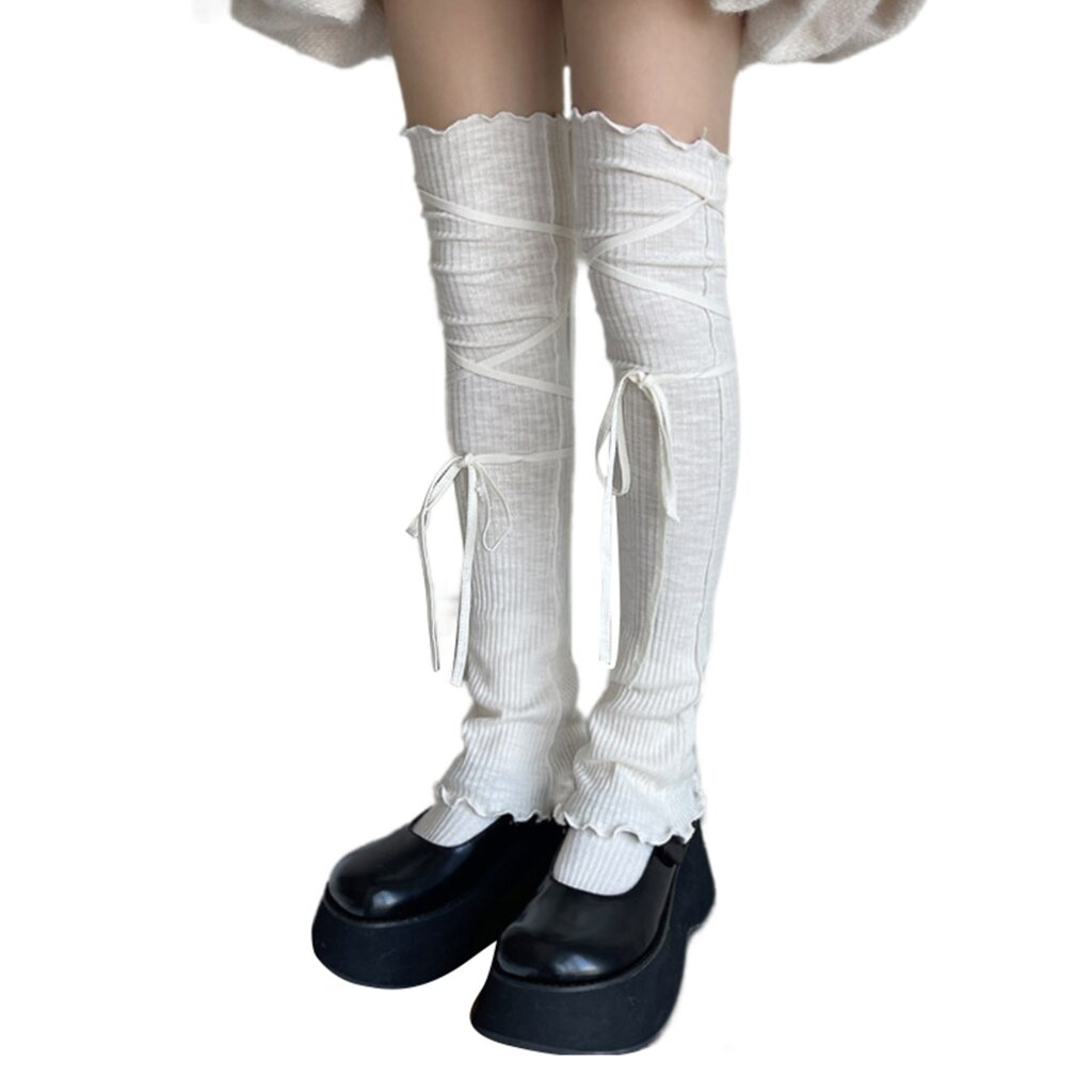 Эстетичные кружевные бинты Гетры выше колена в рубчик с рюшами, длинные носки до бедра, чулки для модных женщин