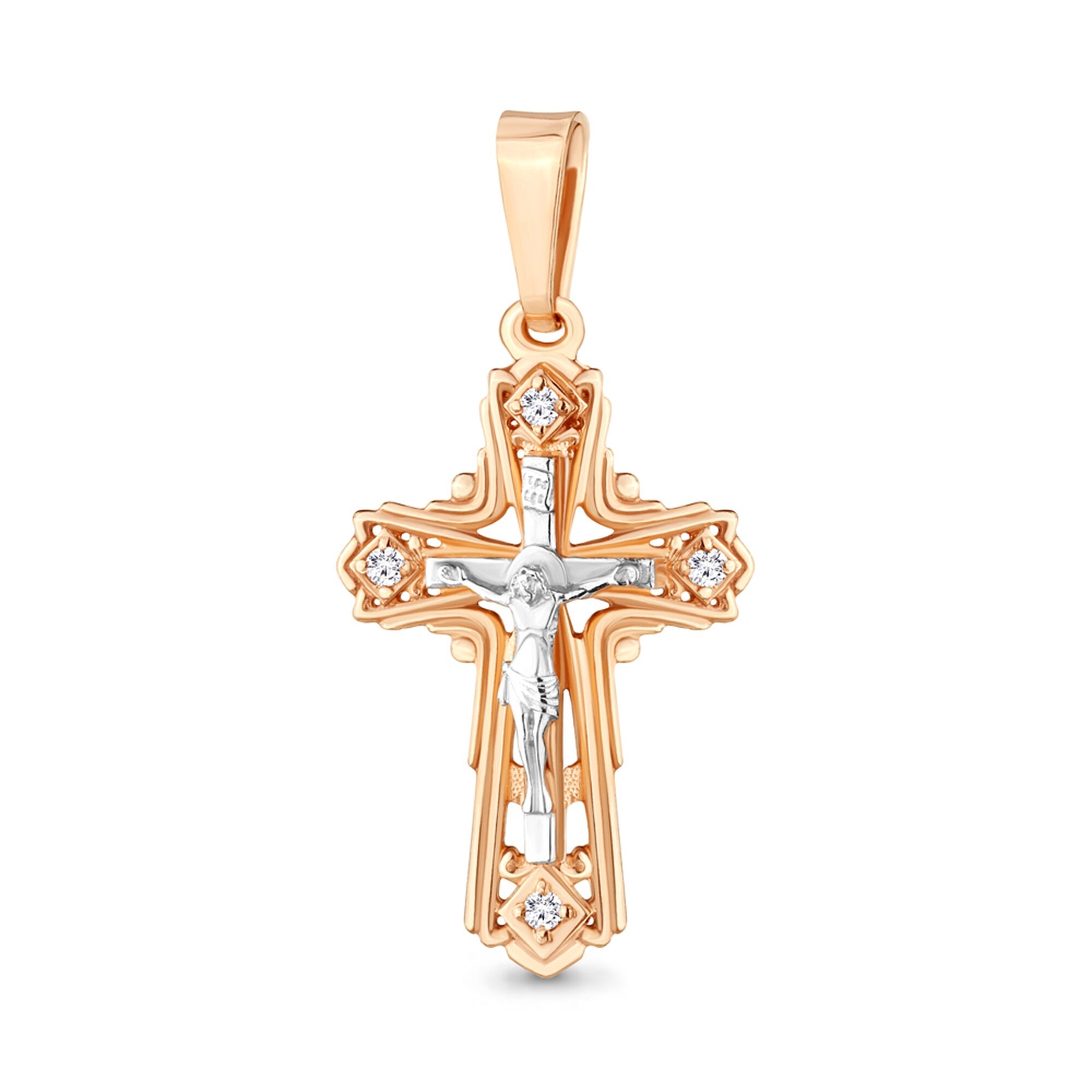 Крестик, красное золото, 585 проба, фианит