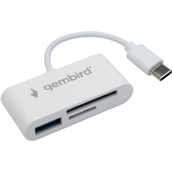 Картридер Gembird Type-C (2.0) 3в1: SD, TF (MicroSD), USB2.0, кабель 10см, белый