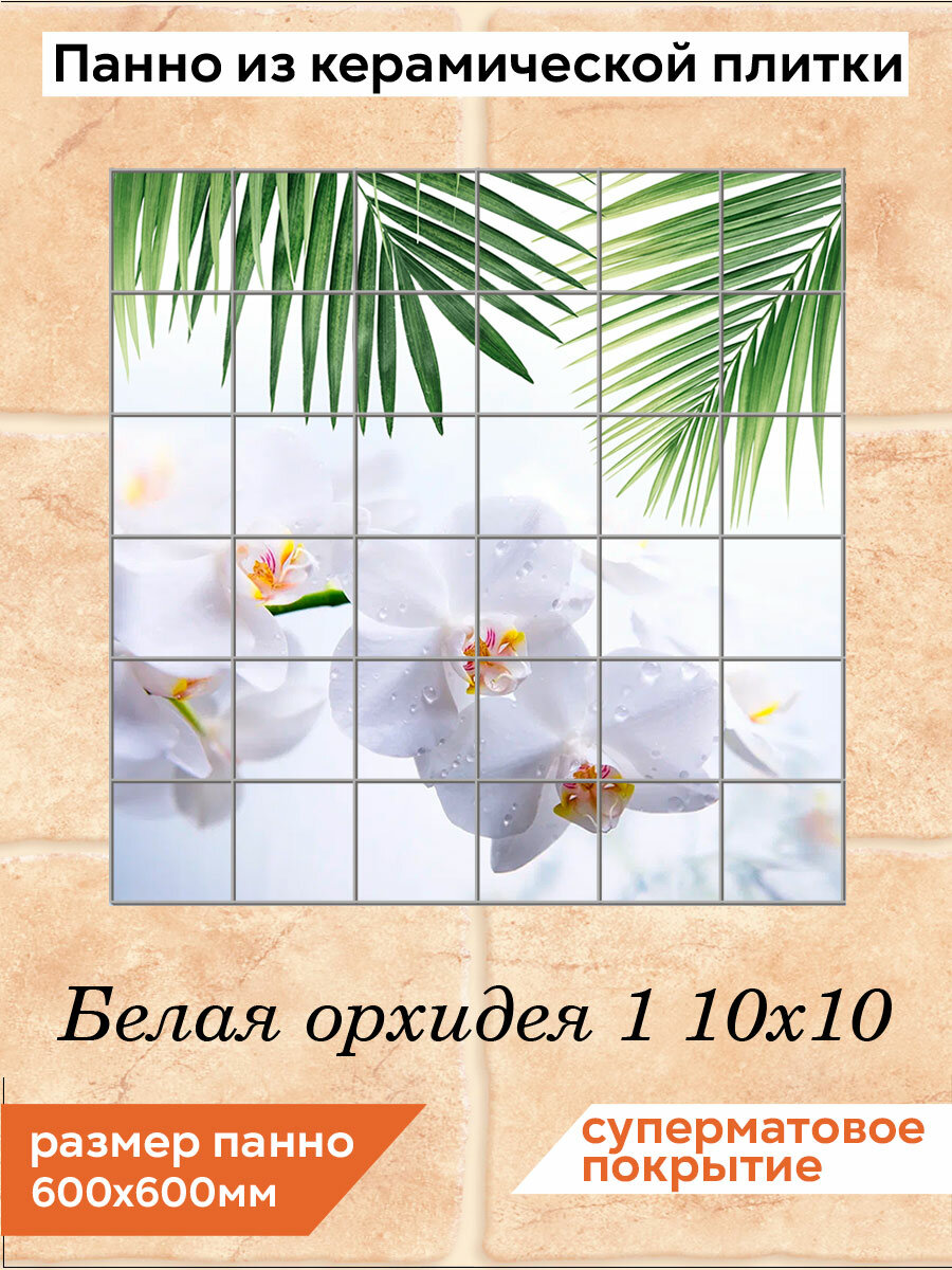 Панно из плитки Fres-co "Белая орхидея 1 10х10", керамическое, декоративное, полуглянцевое 60х60 см