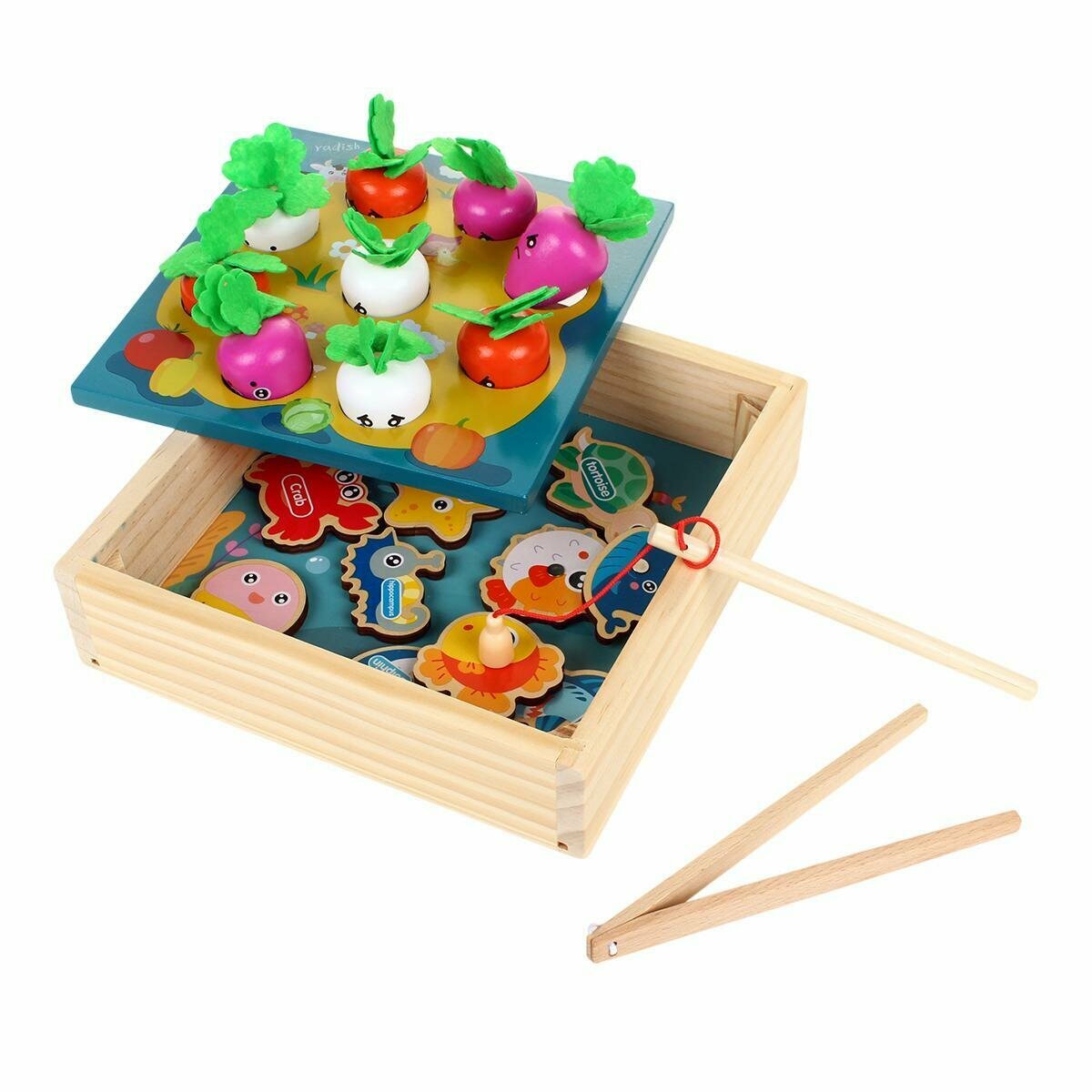 Деревянная развивающая игрушка «Рыбалка-огород» с фигурками, 21х20х5,5 см, для моторики и логики