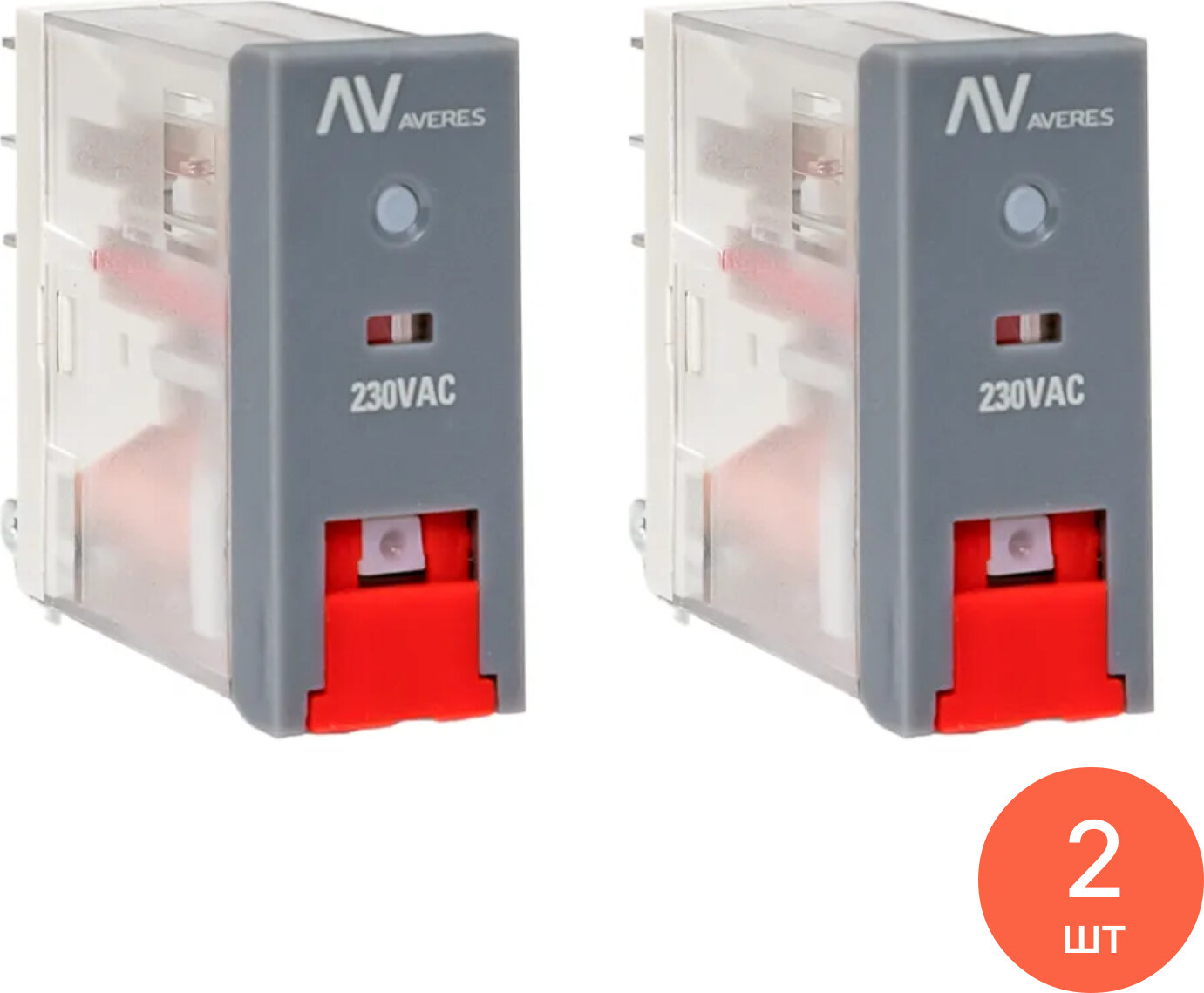 Реле промежуточное EKF / ЕКФ Averes RPAt 22/2 с кнопкой и механической индикацией, 2 контакта, 12.6х31х32мм, 8A 230В AC, rpat-22-2-230AC (комплект из 2 шт)