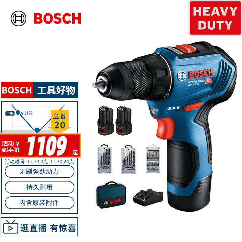 Bosch GSR 12V-30 Lithium-Ion Rechargeable Brushless Electric Drill Driver, Dual Battery, Includes Drill Bits And Screwdriver Bits Set